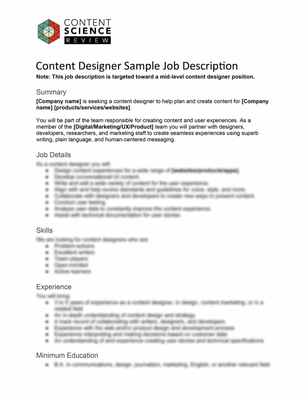 Content Designer Sample Job Description - Content Science Review