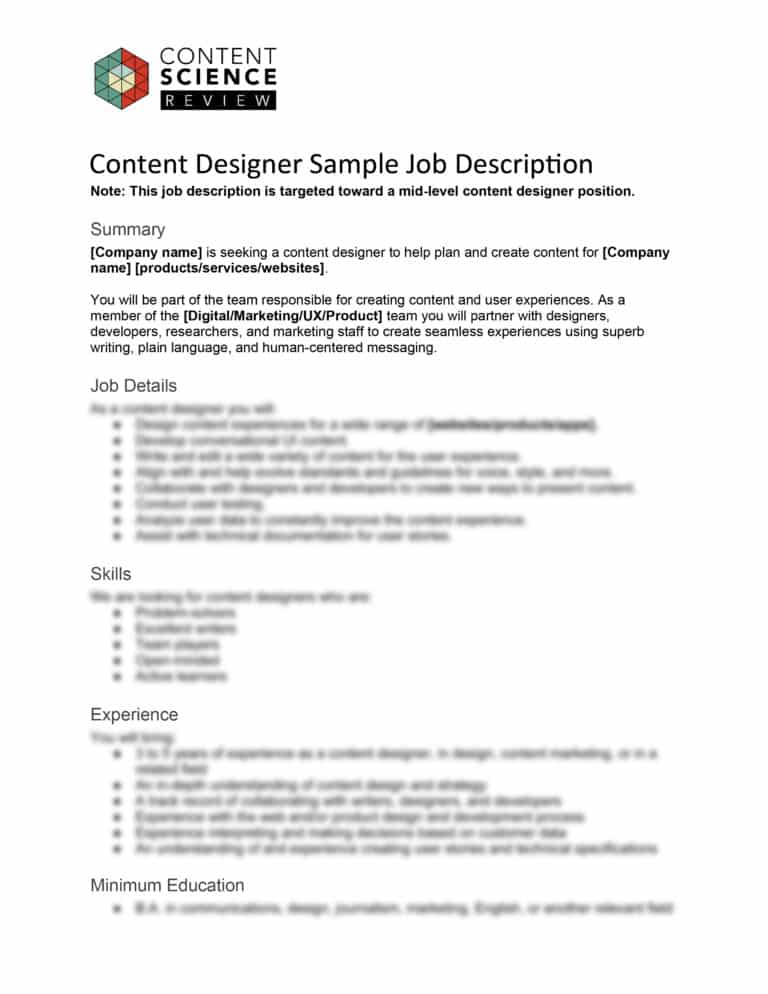 Content Designer Sample Job Description - Content Science Review
